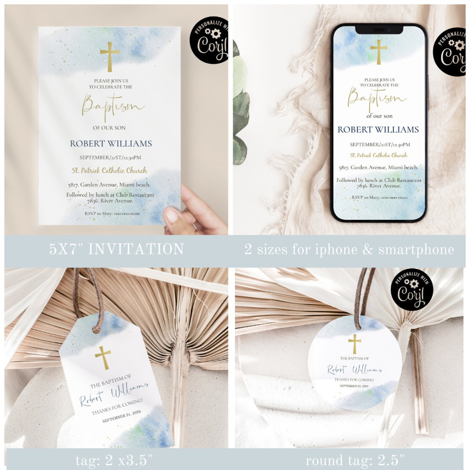 Blue Watercolor Baptism Invitation: Gold Cross (digital Download) - Etsy