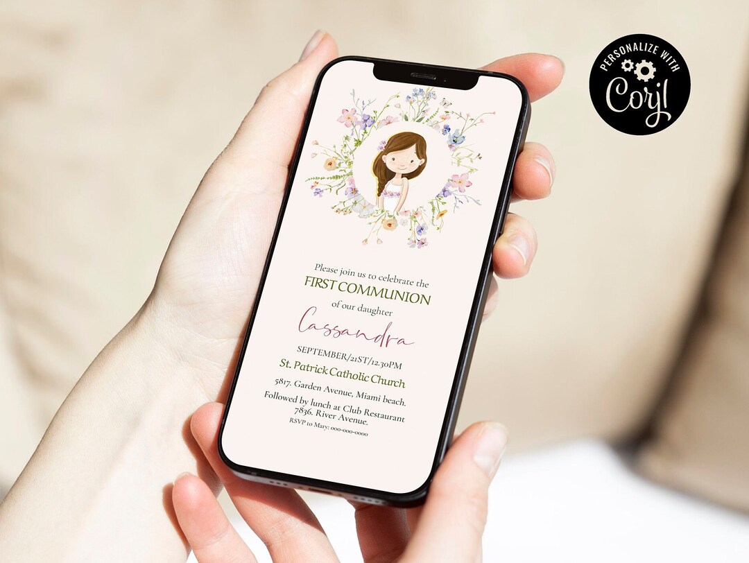 Floral Holy Communion Digital Invitation for Girl, Wildflower First ...