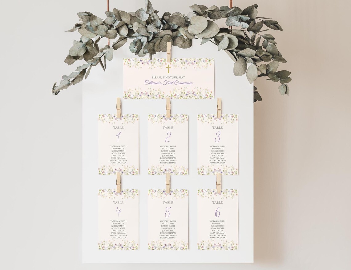 Wildflower Communion Seating Chart Cards, Girl Holy Communion Table ...
