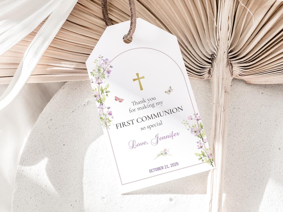 First Communion Thank You Tags Editable Violet Floral Communion Favor ...