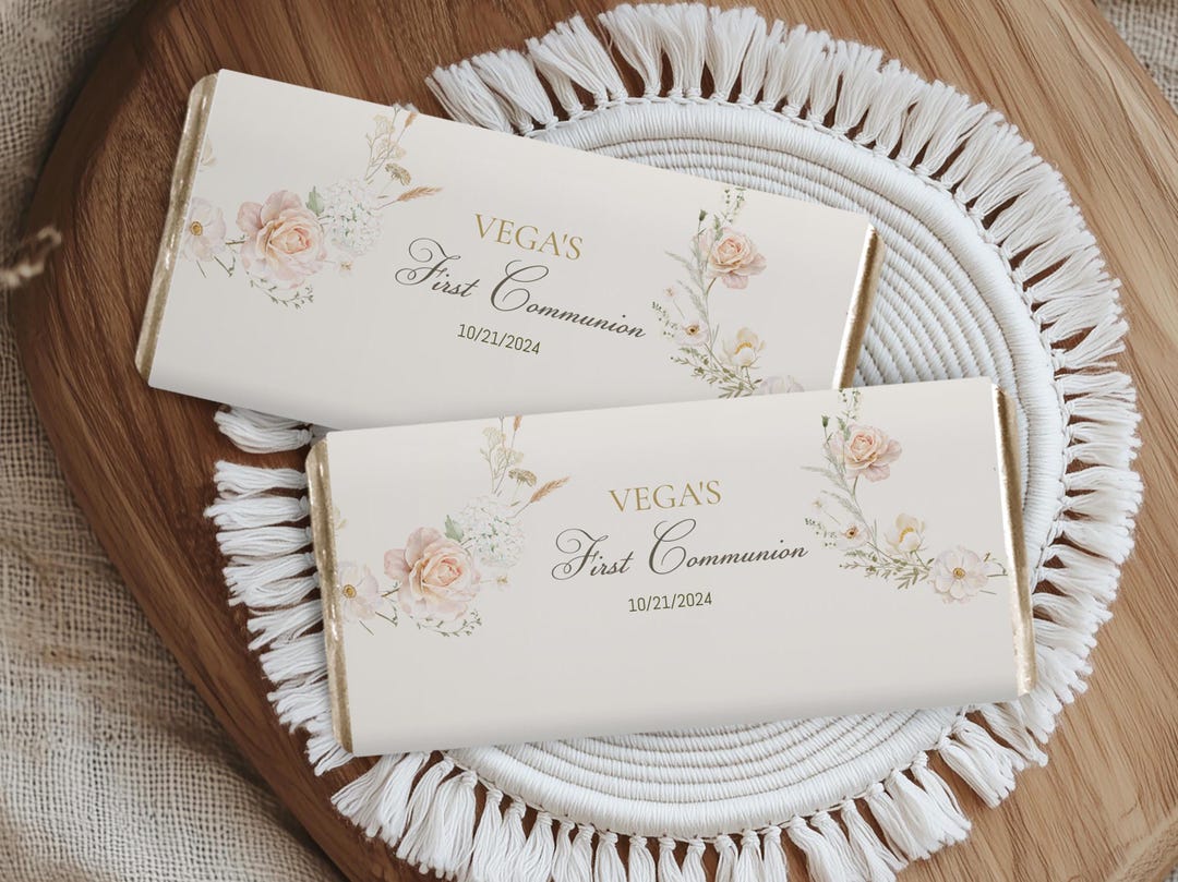 Girl First Communion Chocolate Wrapper, Blue Flowers Communion Candy ...