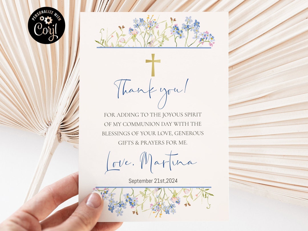 Editable Holy Communion Thank You Card for Girl, Blue Floral First ...