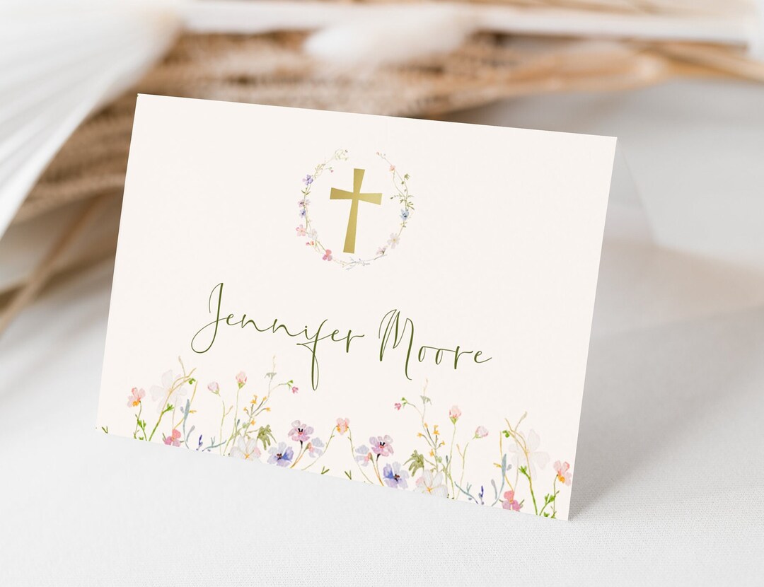 Editable Wildflower Holy Communion Place Card, First Communion Table ...