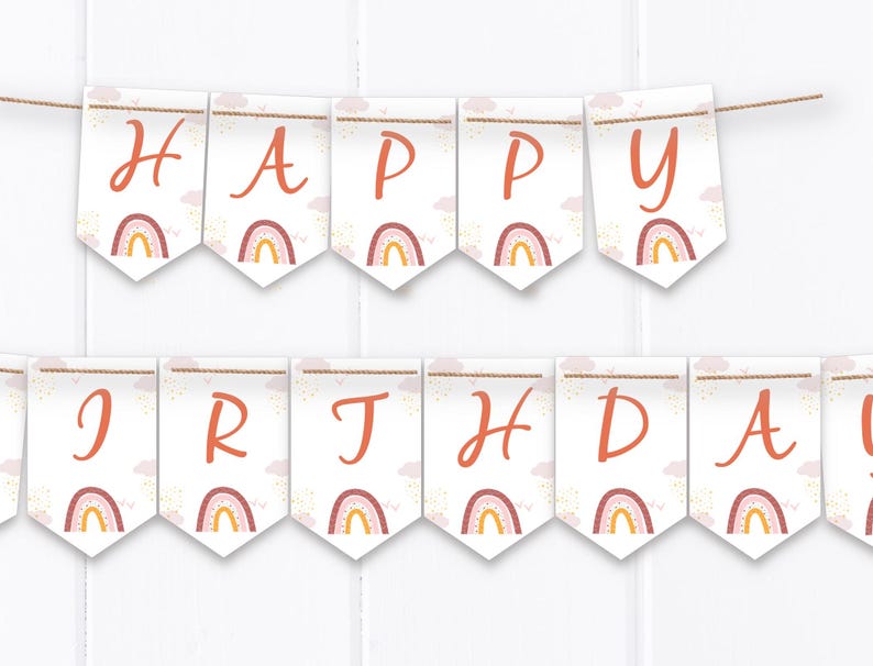 Boho Rainbow First Birthday Banner Printable, Pink Rainbow happy ...