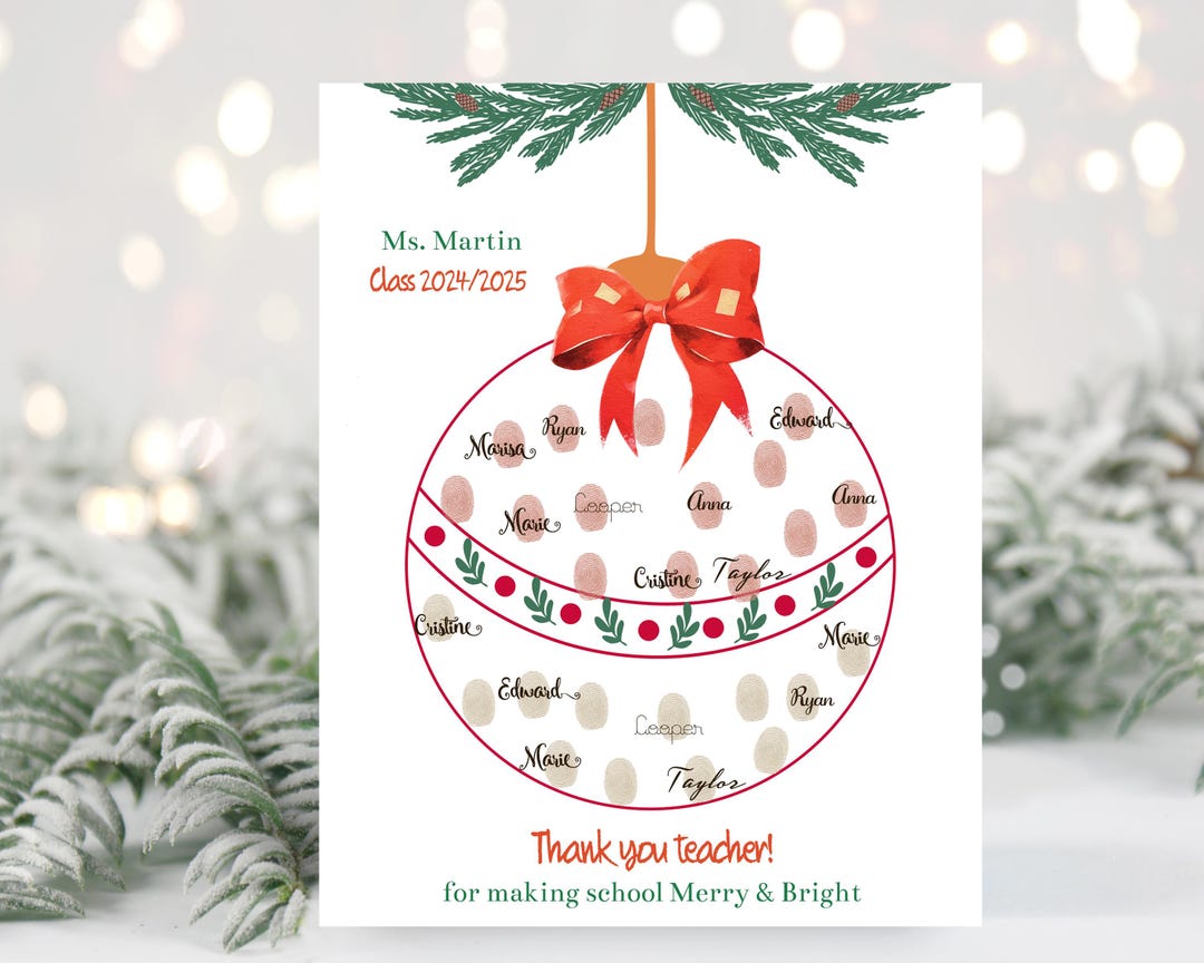 Christmas Teacher Appreciation Fingerprint Art Printable, Xmas Thank ...