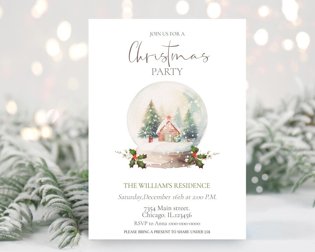 Editable Snow Globe Christmas Invitation, Elegant Christmas Dinner ...