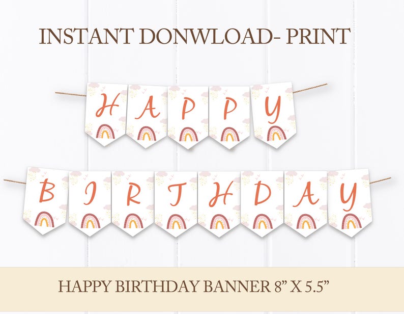 Boho Rainbow First Birthday Banner Printable, Pink Rainbow happy ...