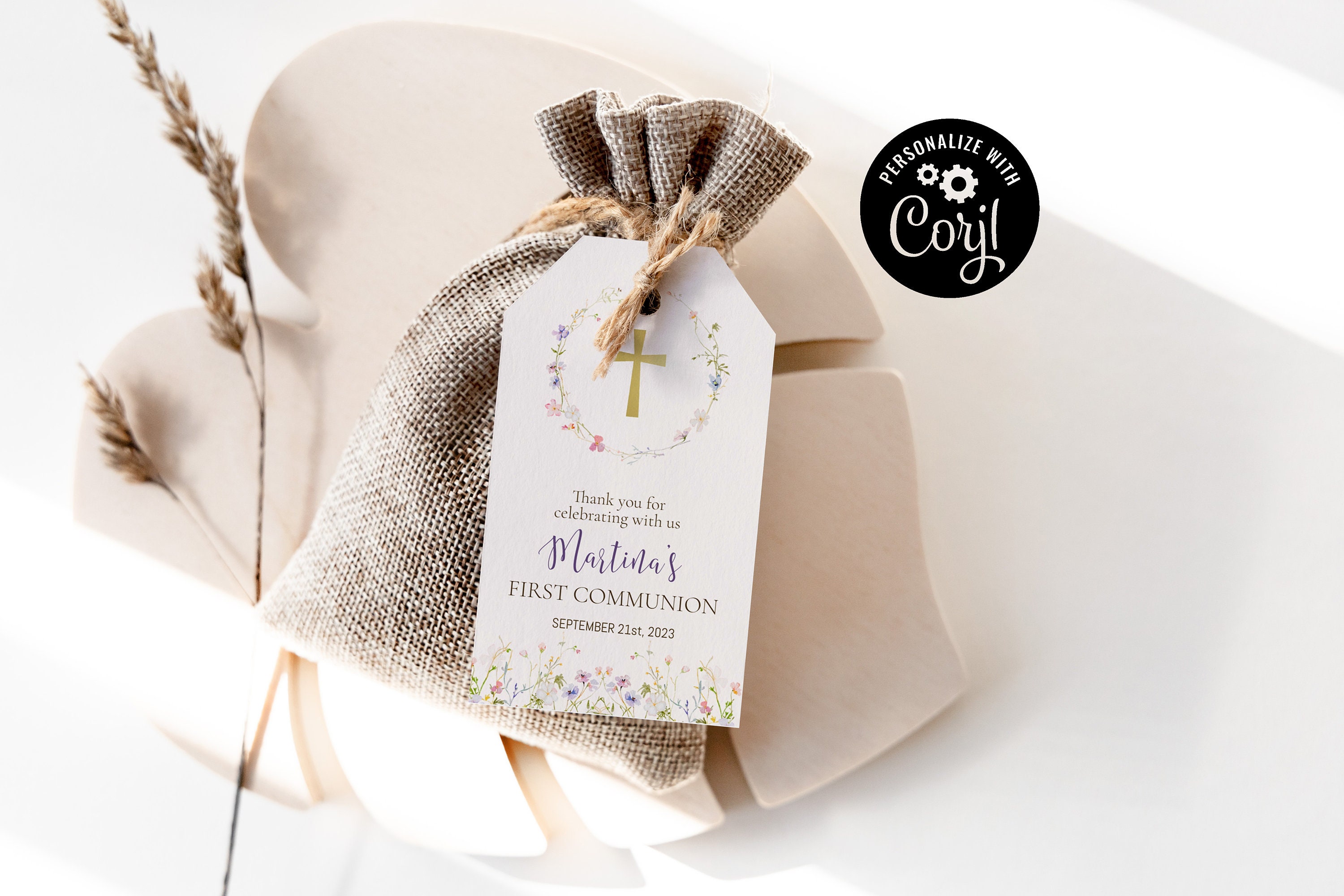 Floral First Communion Thank You Tags, Editable Floral Communion Favor ...
