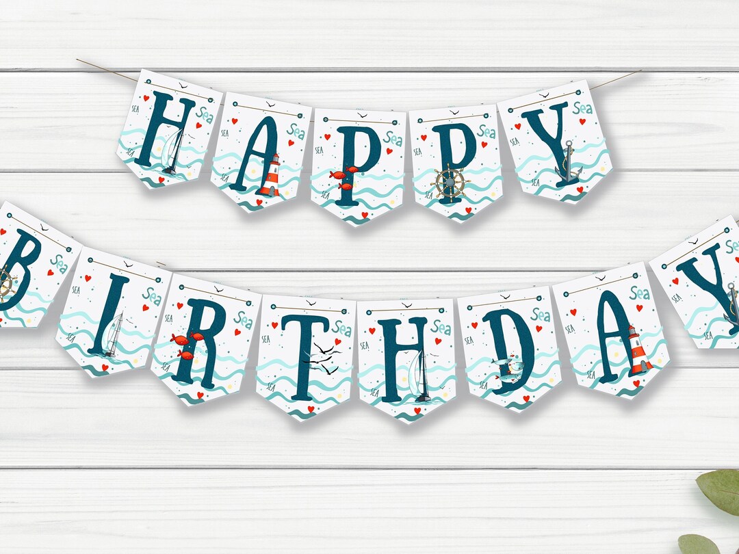 Nautical Happy Birthday Instant Download Banner, Blue Banner Nautical ...