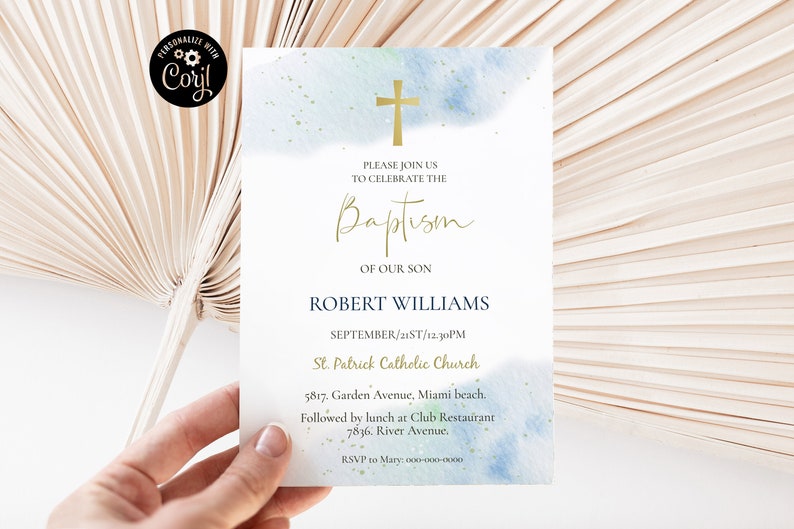Blue Watercolor Baptism Invitation: Gold Cross (digital Download) - Etsy