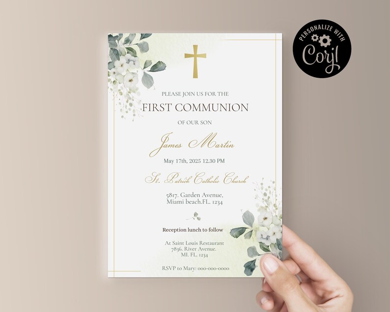 Boy's First Communion Invitation Template, Greenery Floral Religious ...