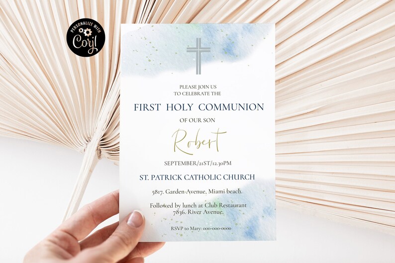 Blue Watercolor First Holy Communion Invitation, Editable Modern Blue ...
