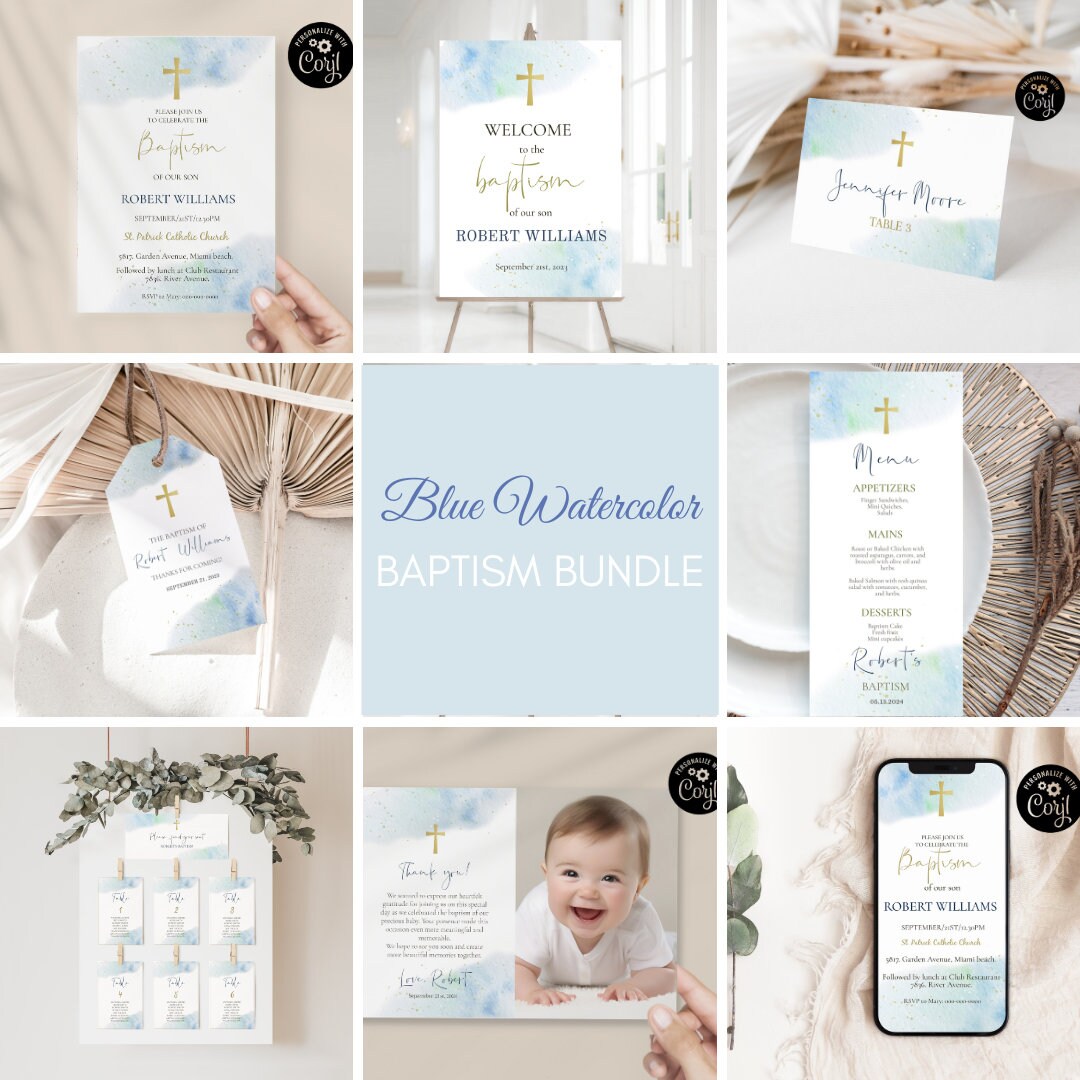 Blue Watercolor Baptism Bundle: Editable Christening Set (digital ...