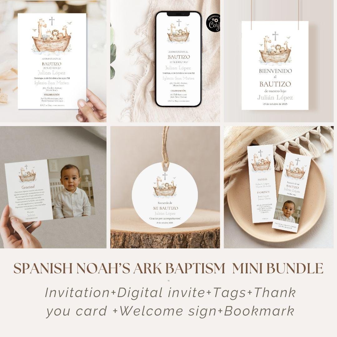 Spanish Noah’s Ark Baptism Mini Bundle: Editable Invitation & Decor Set ...
