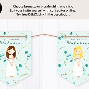 Editable First Communion Flag With Little Girl, Custom Pennant Girls ...
