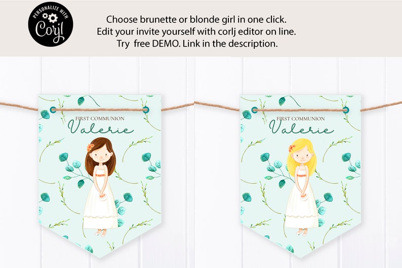 Editable First Communion Flag With Little Girl, Custom Pennant Girls ...