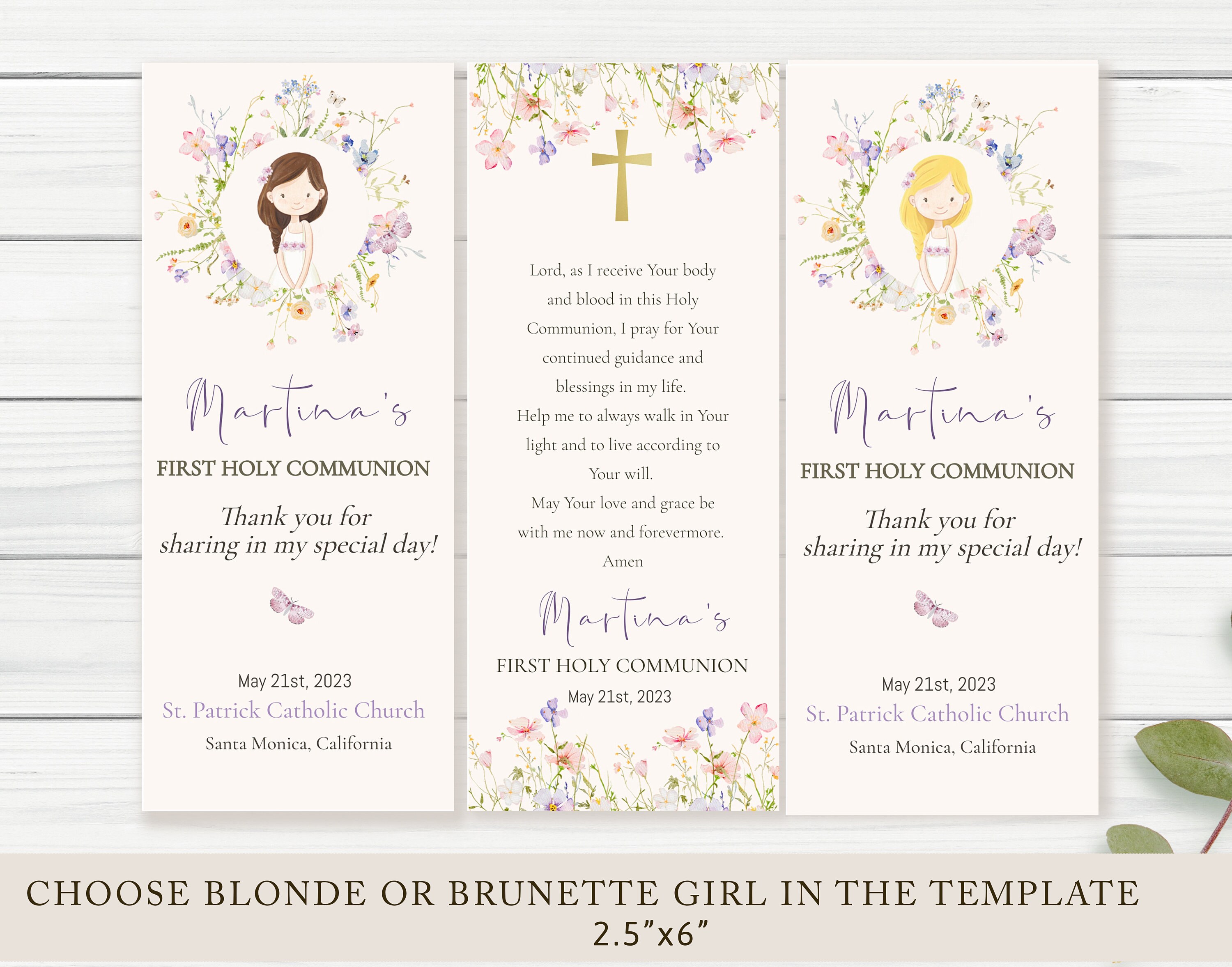 Girl First Communion Bookmark Template, Wildflower Holy Communion ...