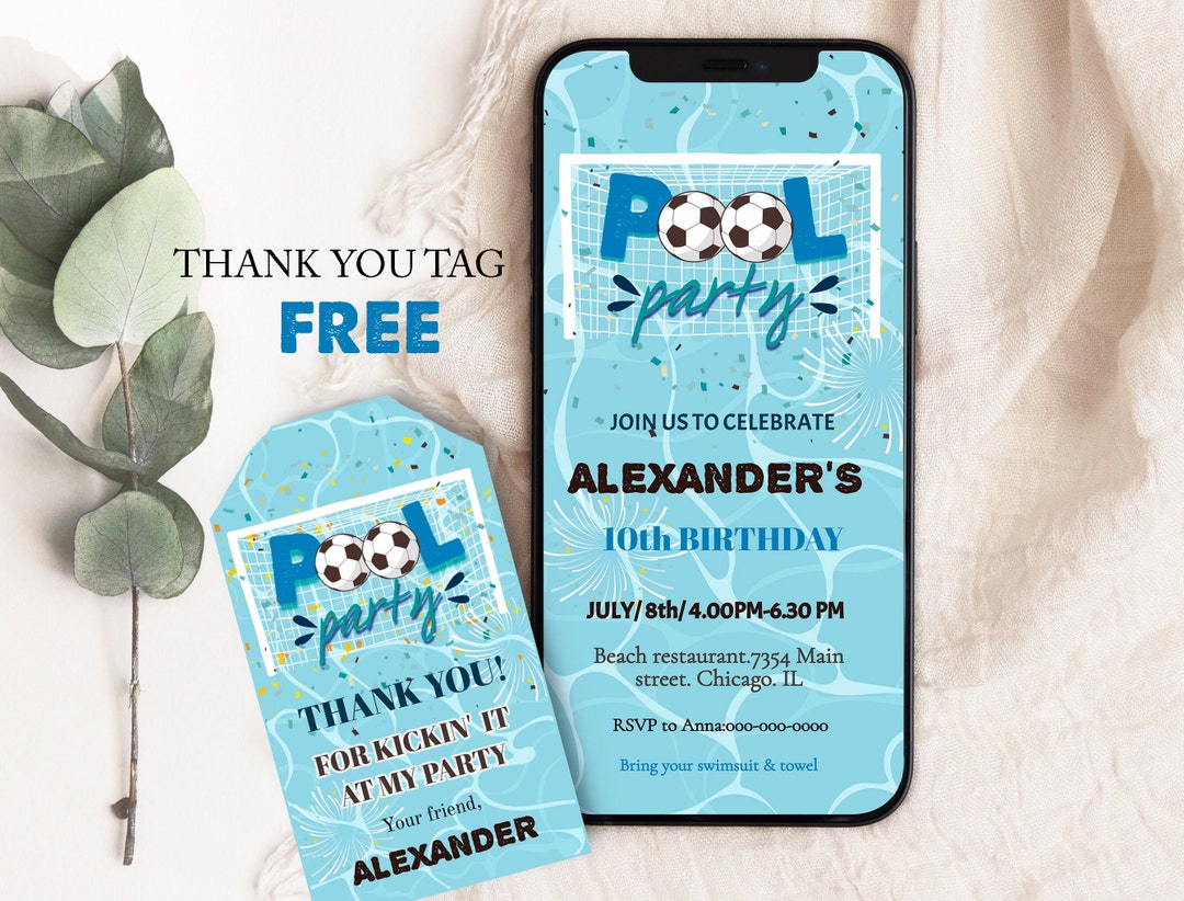 Soccer Pool Party Electronic Invitation Template, Editable Soccer Pool ...