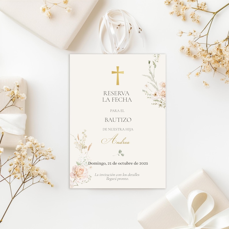 Spanish Baptism Save the Date Card, Reserva La Fecha Bautizo Editable ...