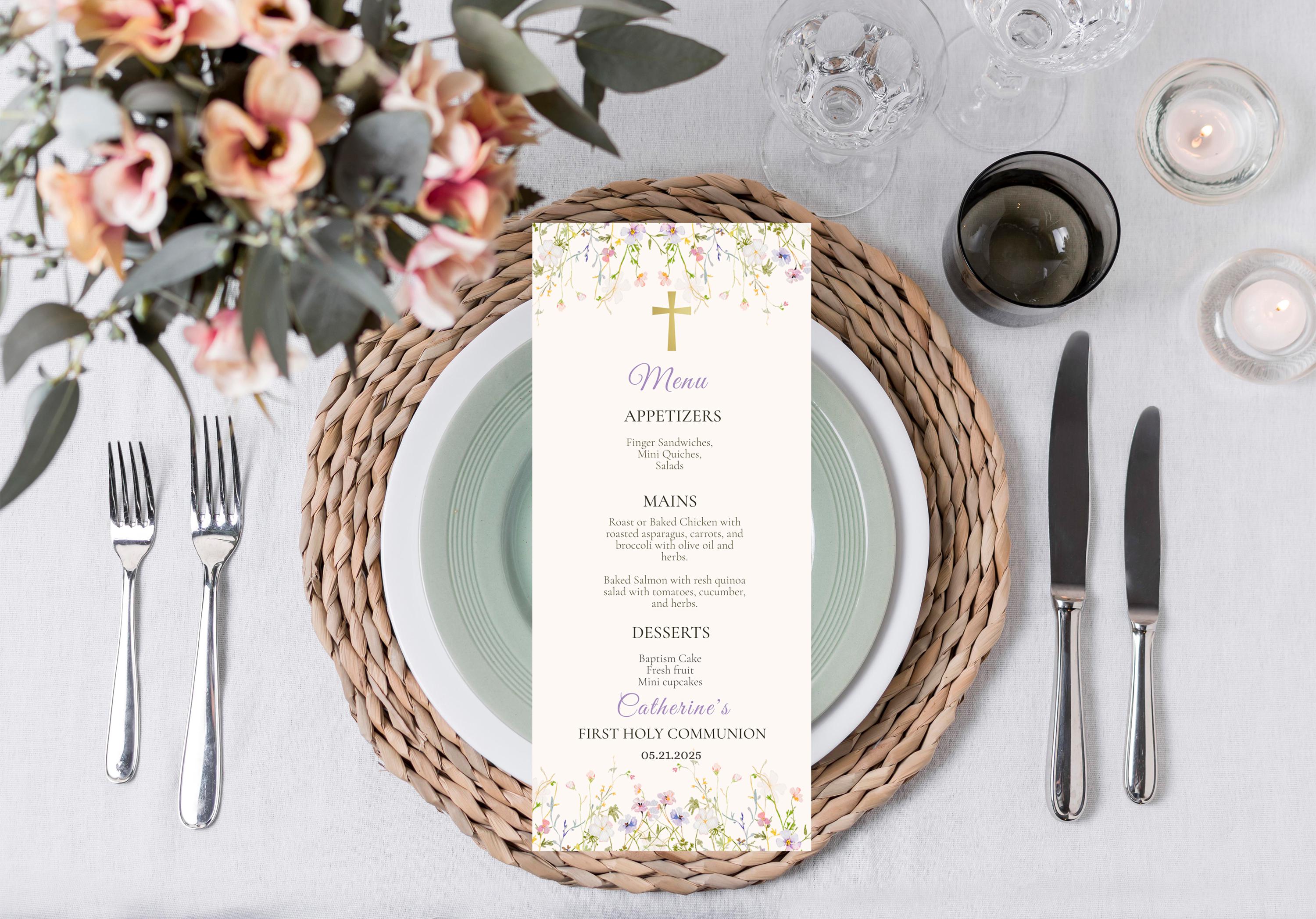 Floral First Holy Communion Menu Template, Editable Wildflower 1st ...