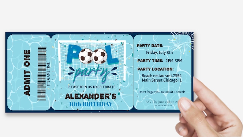 Soccer Pool Birthday Ticket Invitation, Swimming Pool Party Ticket ...