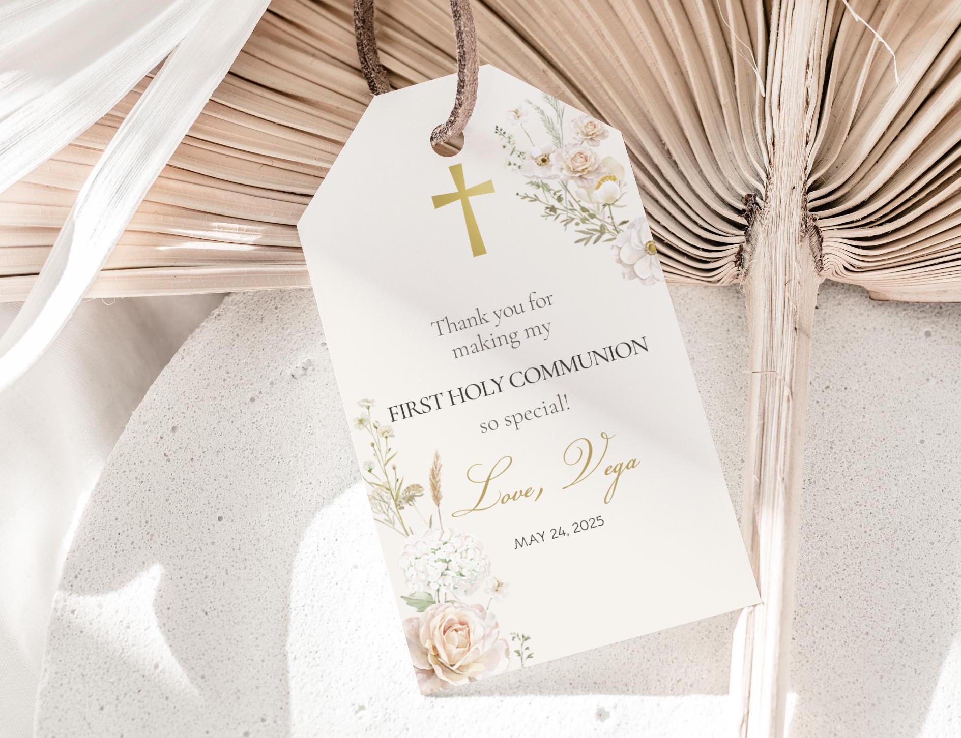 First Communion Favor Tags Template, Floral Holy Communion Thank You ...