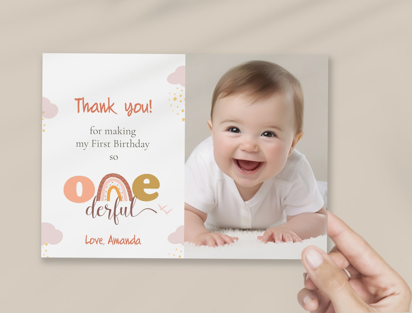 Boho Rainbow 1st Birthday Thank You Card With Photo (printable) - Etsy