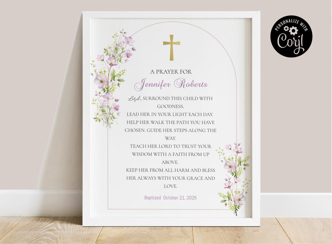 Baptism Prayer Sign for Girl With Violet Flowers Personalized Printable ...