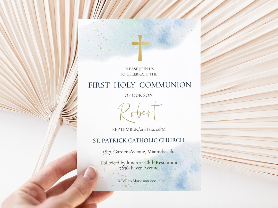 Blue Watercolor First Holy Communion Invitation, Editable Modern Blue ...