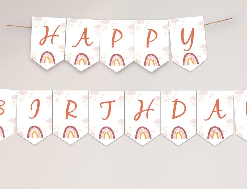 Boho Rainbow First Birthday Banner Printable, Pink Rainbow happy ...