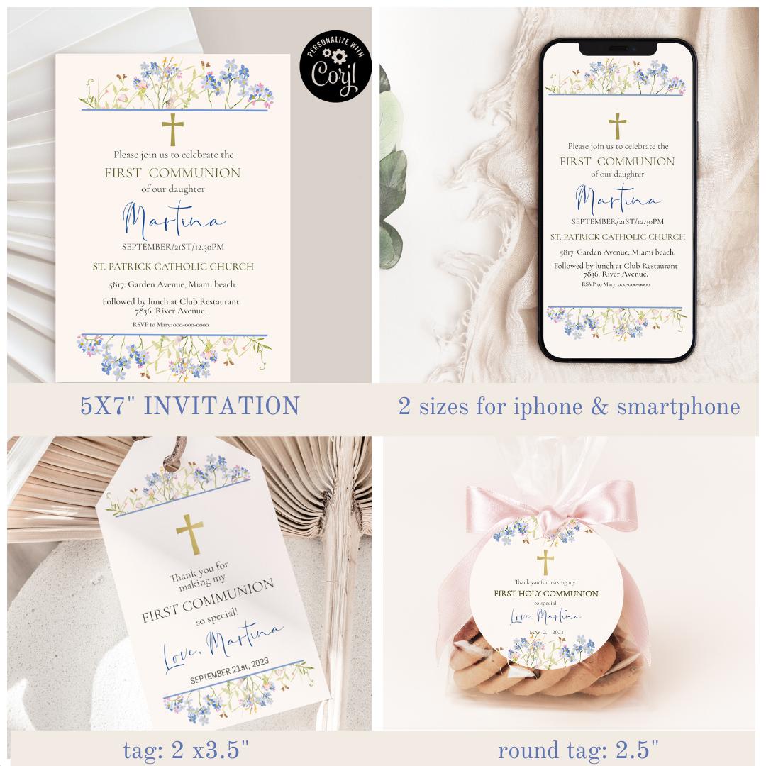 Holy Communion Bookmark Editable, Printable Floral Communion Keepsake ...