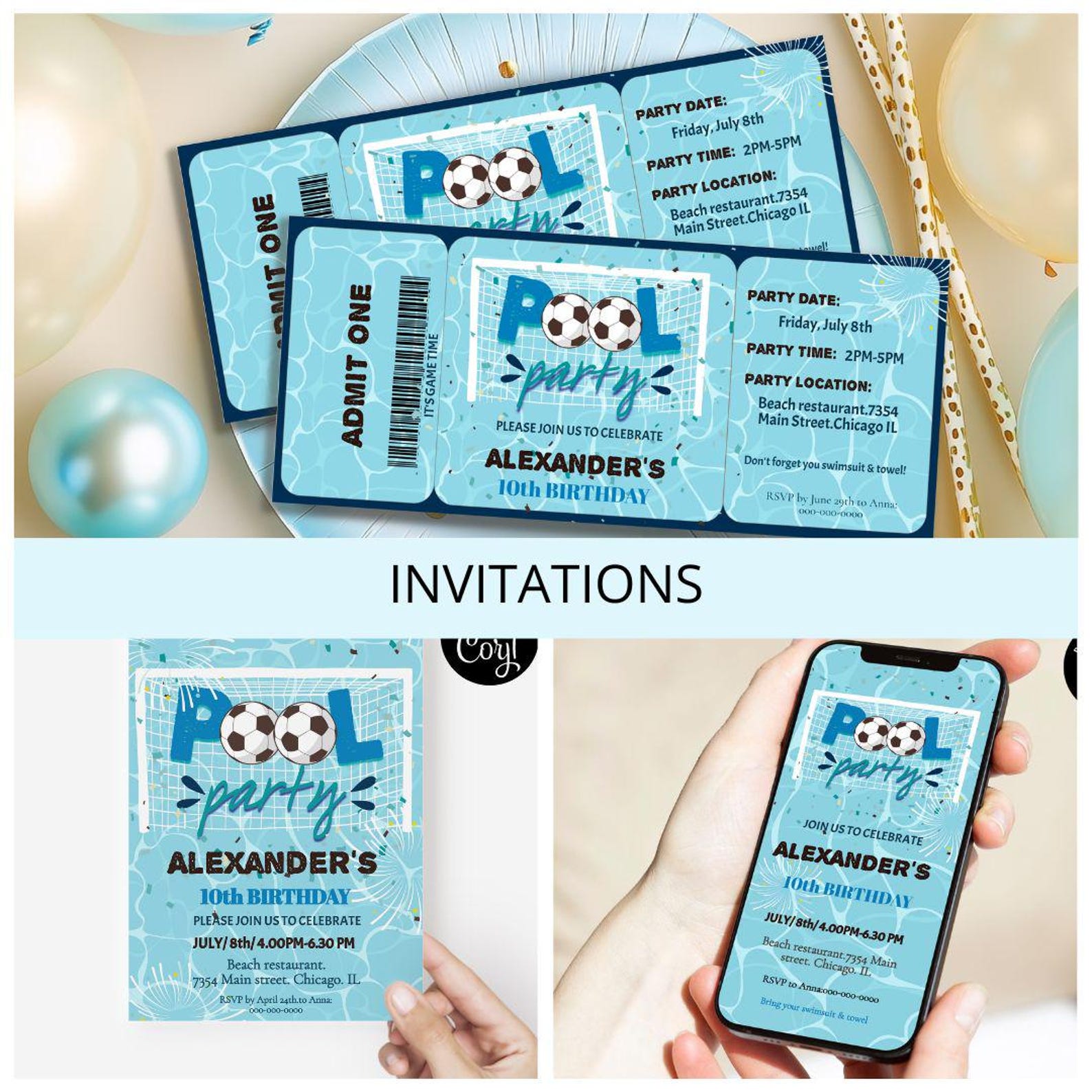 Editable Soccer Pool Party Ticket Invitation, Summer Birthday Invite ...