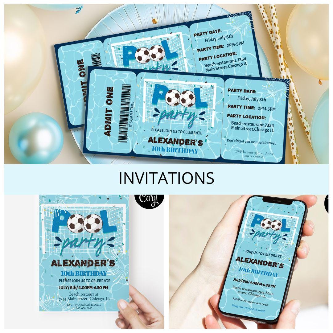 Editable Soccer Pool Party Ticket Invitation, Summer Birthday Invite ...