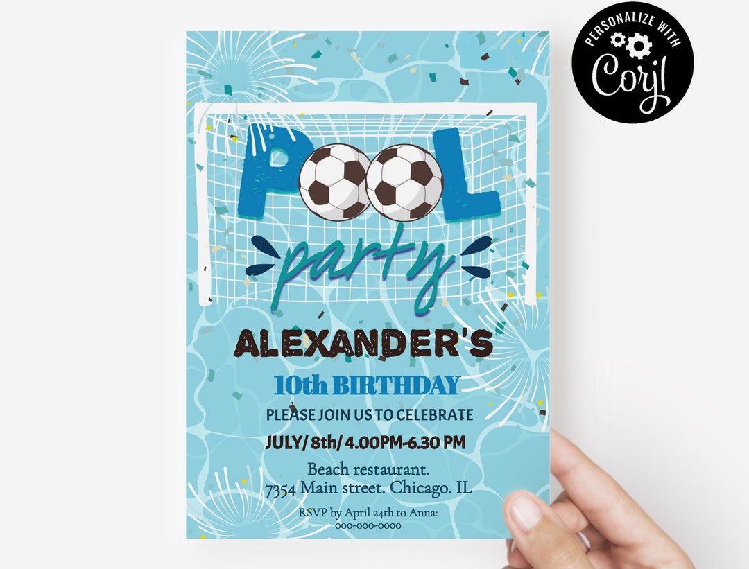 Soccer Pool Birthday Invitation Template, Swimming Pool Party Invite ...