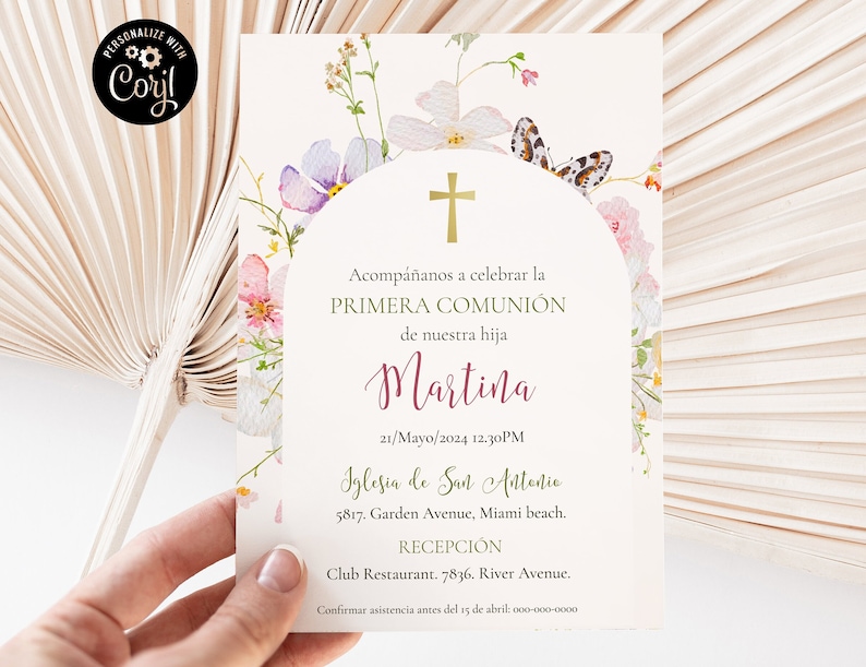 Invitación De Primera Comunión Editable, Spanish Floral Holy Communion ...