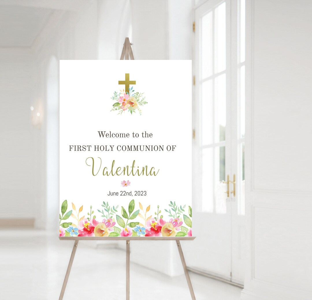 Floral Girl's First Holy Communion Welcome Sign, Custom Religious ...