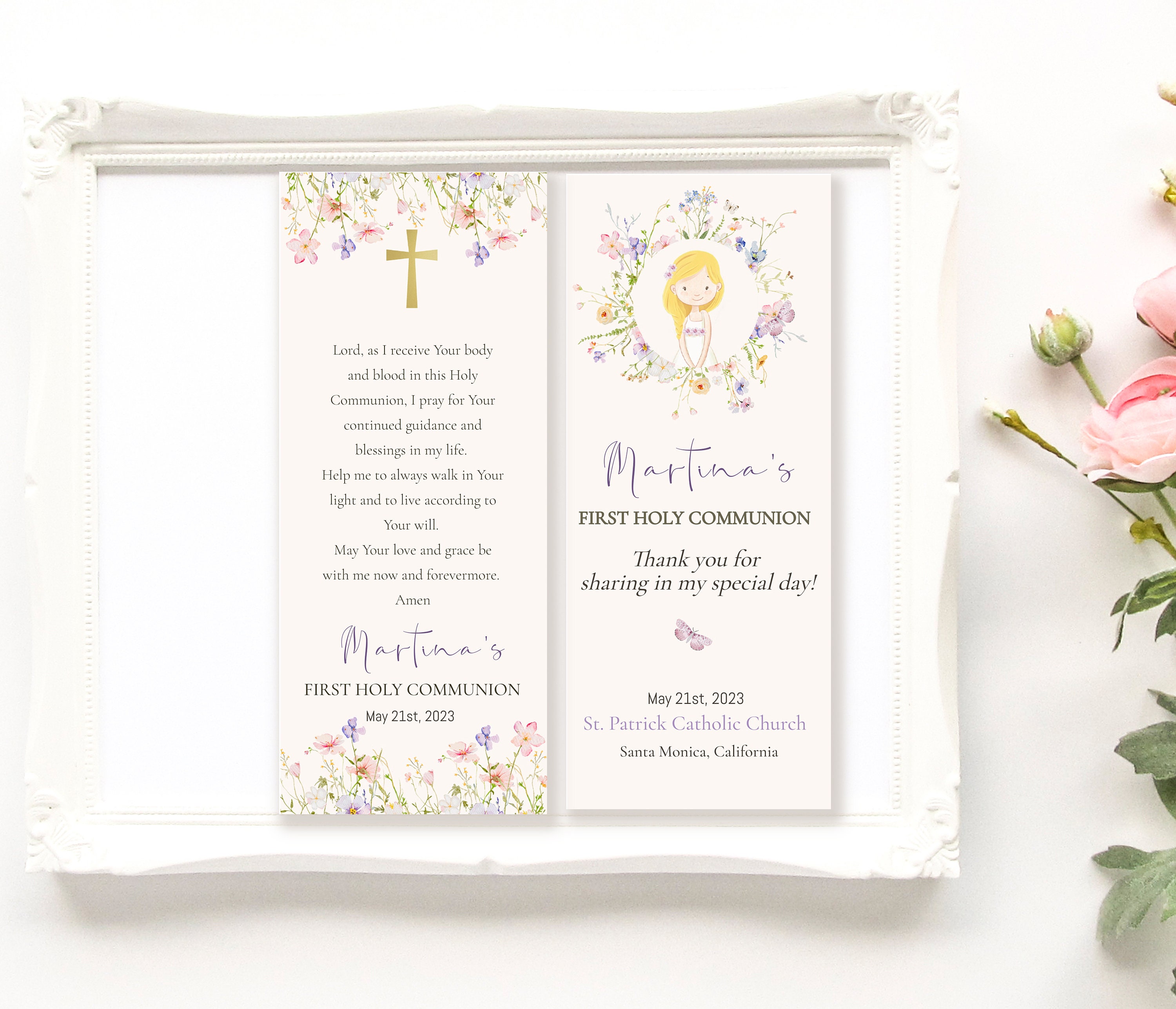Girl First Communion Bookmark Template, Wildflower Holy Communion ...
