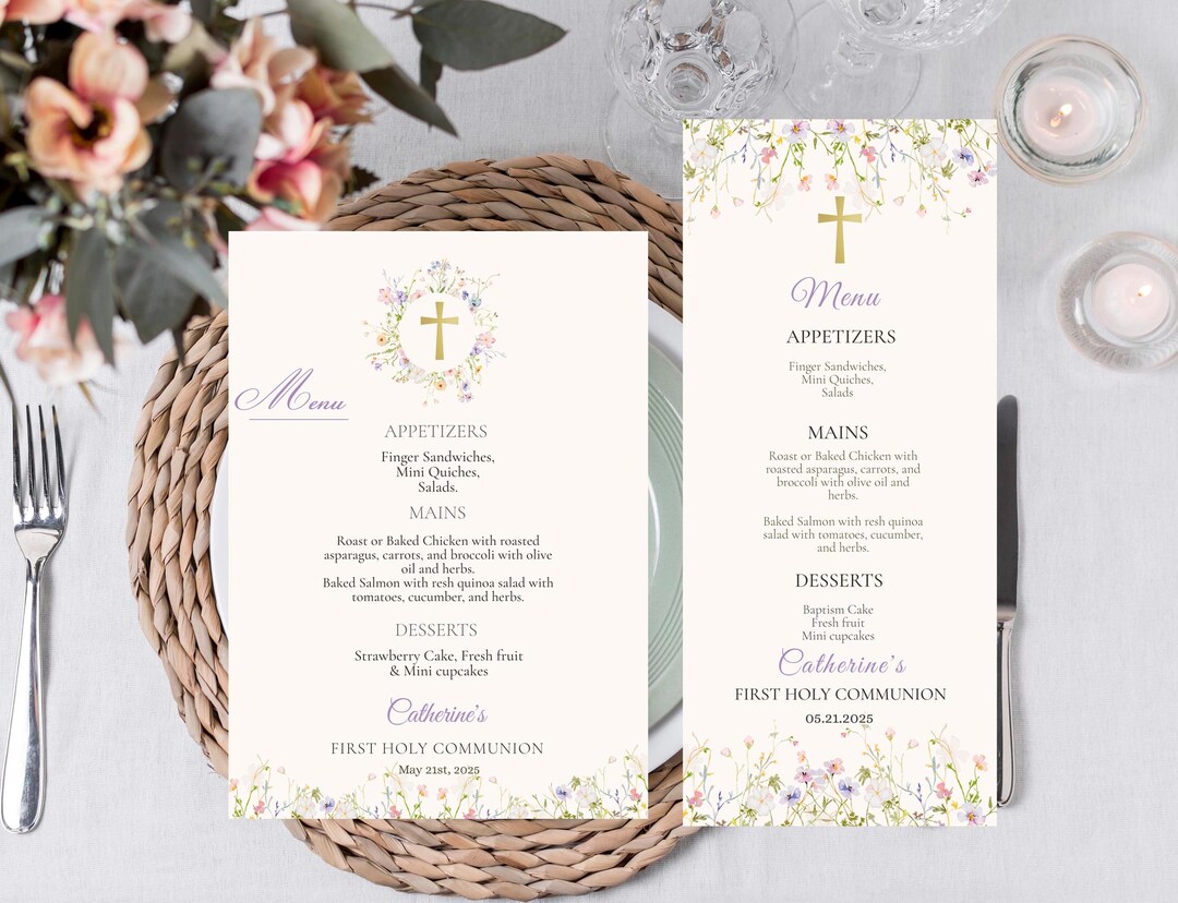 Floral First Holy Communion Menu Template, Editable Wildflower 1st ...
