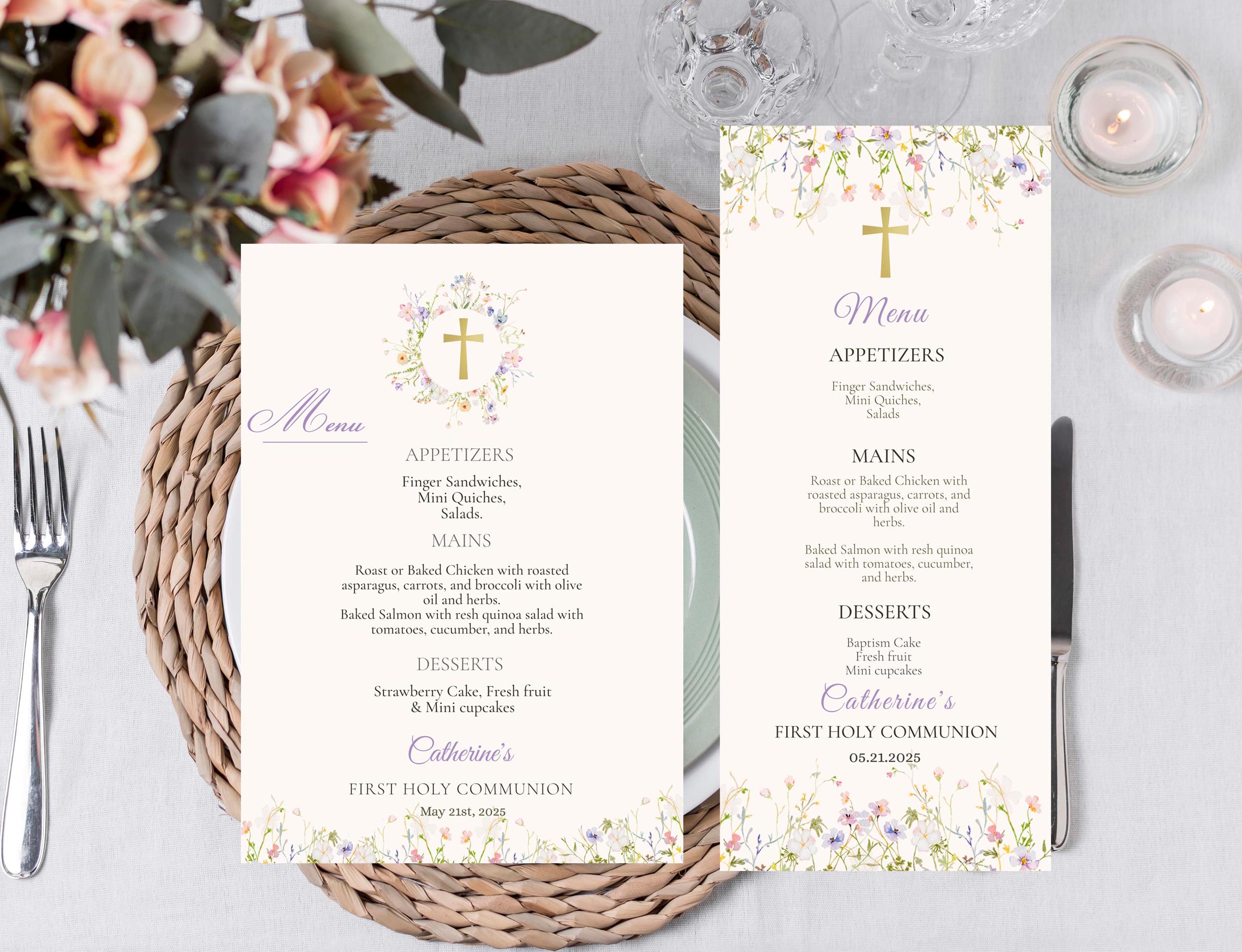 Floral First Holy Communion Menu Template, Editable Wildflower 1st ...