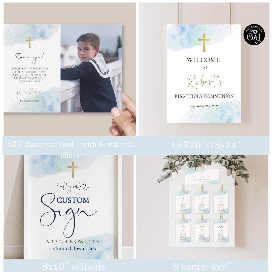 Blue Watercolor First Communion Bundle Template, Modern First Communion ...
