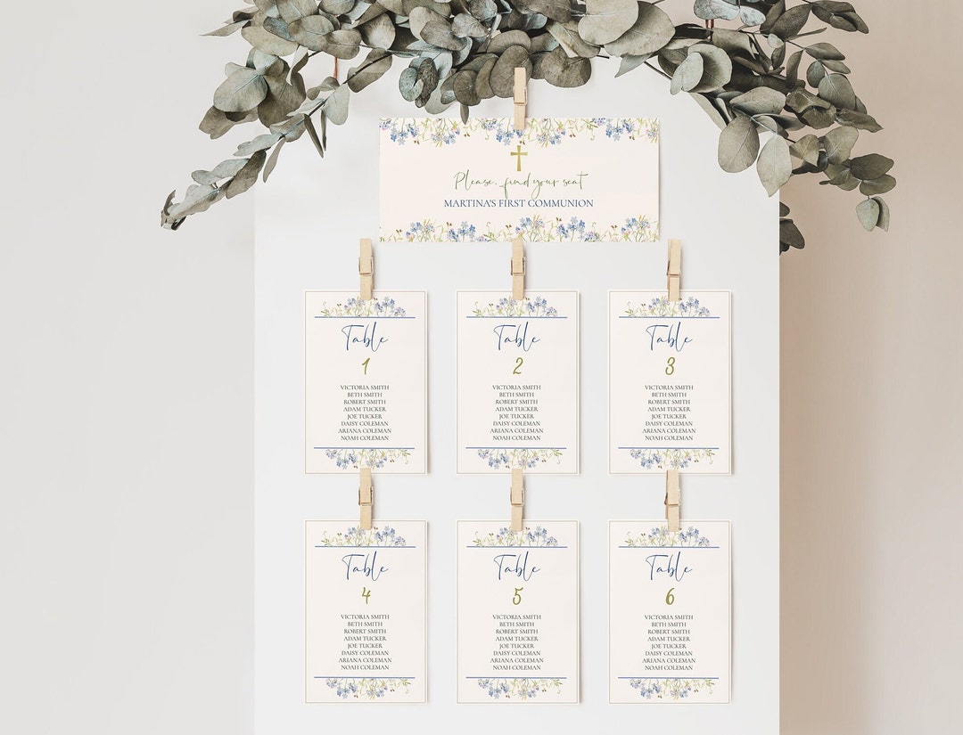 First Communion Table Chart Cards Editable, Blue Flowers Holy Communion ...