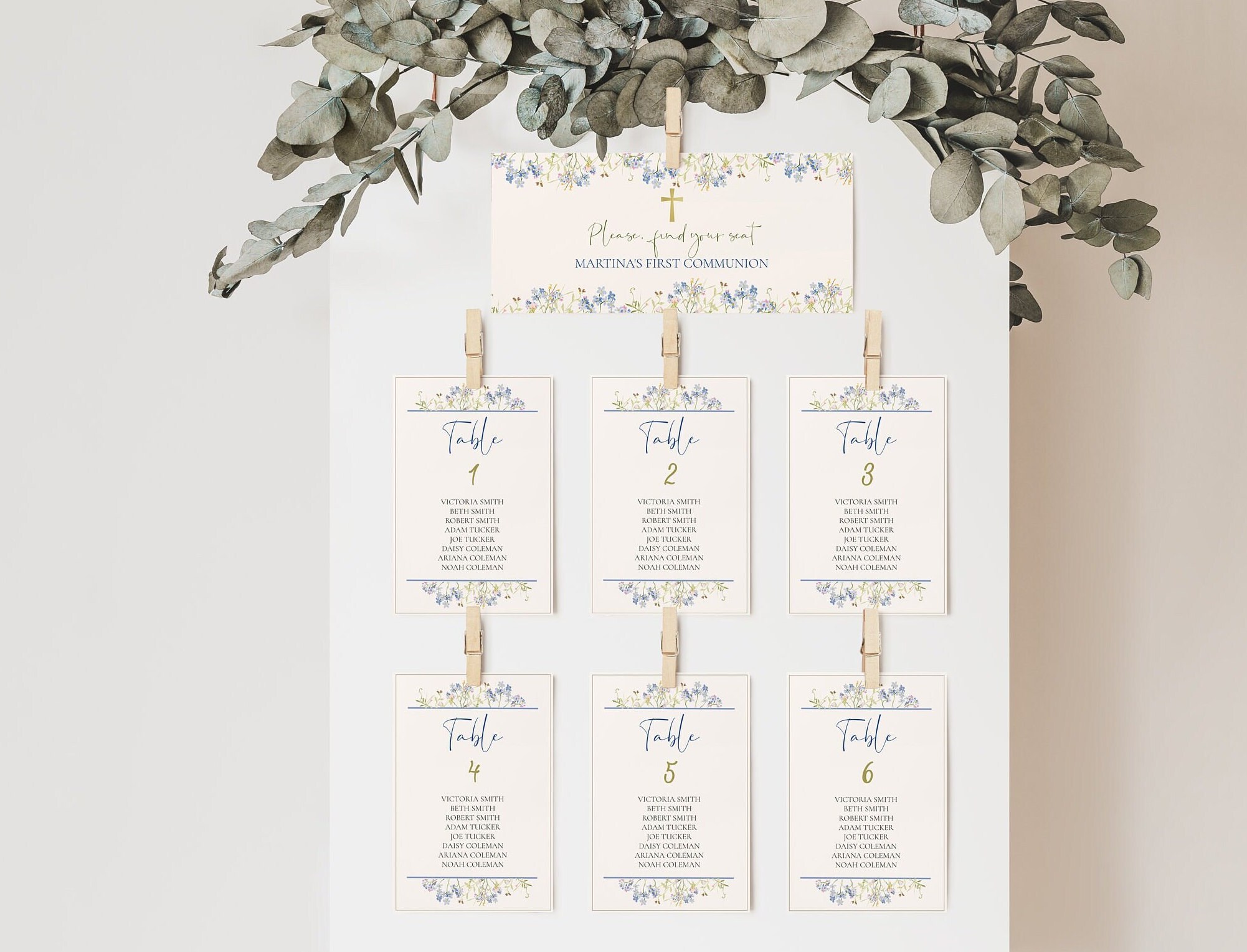 First Communion Table Chart Cards Editable, Blue Flowers Holy Communion ...