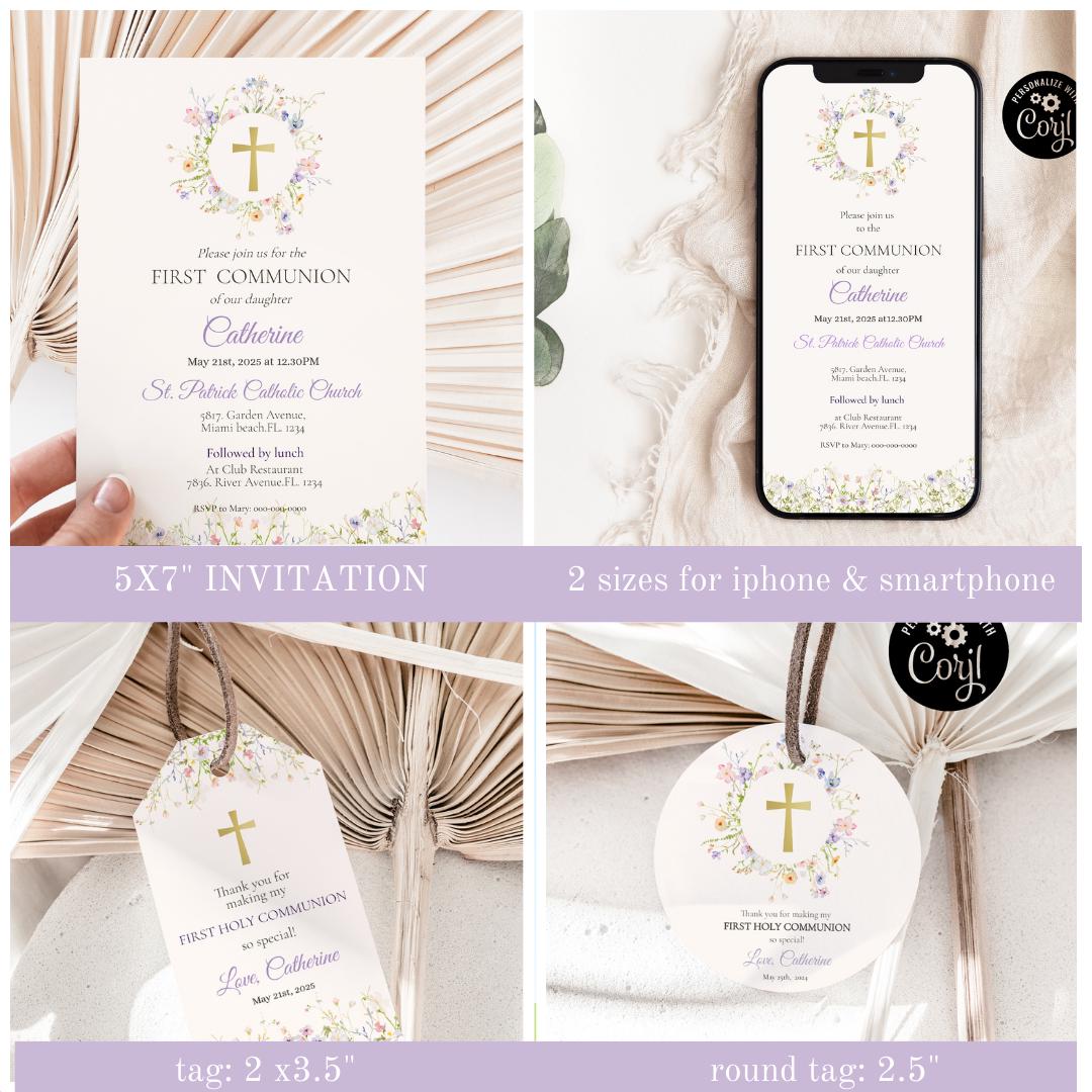 Floral First Holy Communion Menu Template, Editable Wildflower 1st ...
