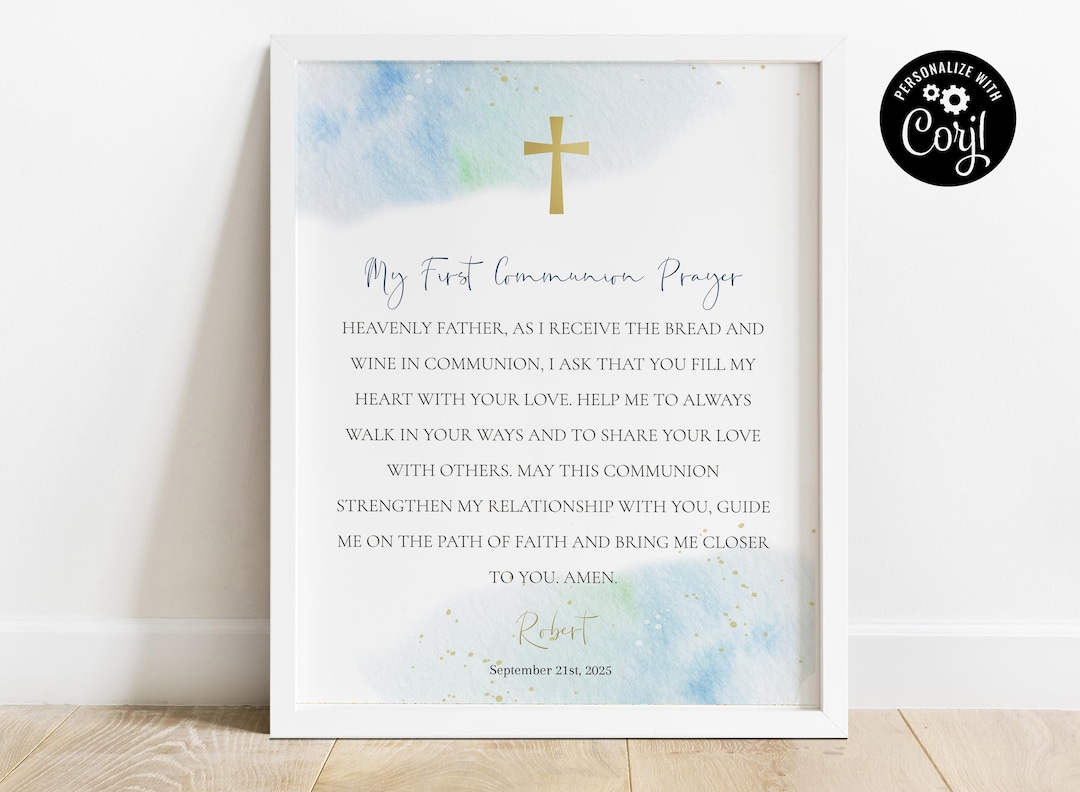 First Communion Prayer Sign Template, Blue Watercolor Holy Communion ...