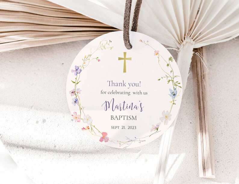 Pastel Floral Baptism Favor Tags Editable, Wildflower Wreath Baptism ...