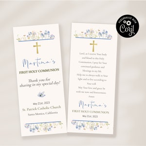 Holy Communion Bookmark Editable, Printable Floral Communion Keepsake ...