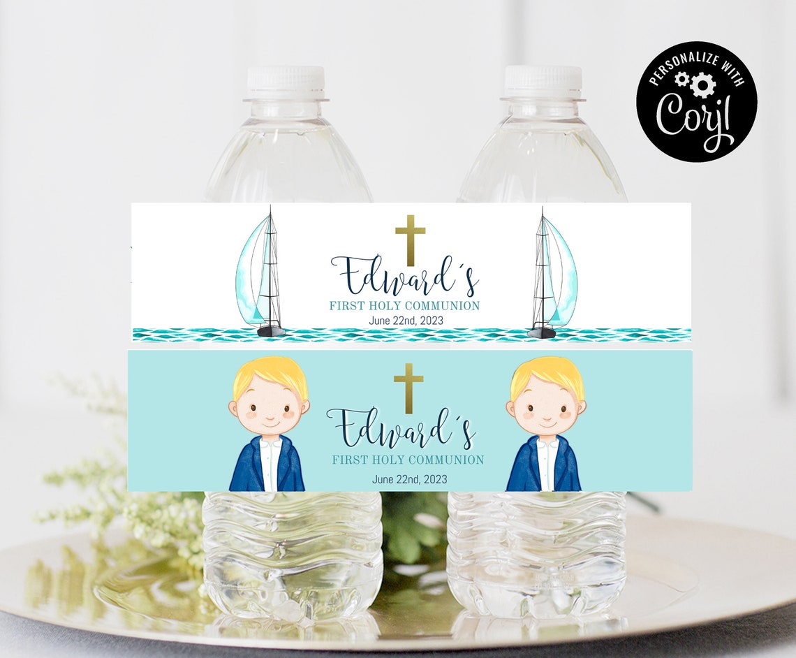 First Communion Water Bottle Labels Template Boy's Navy - Etsy