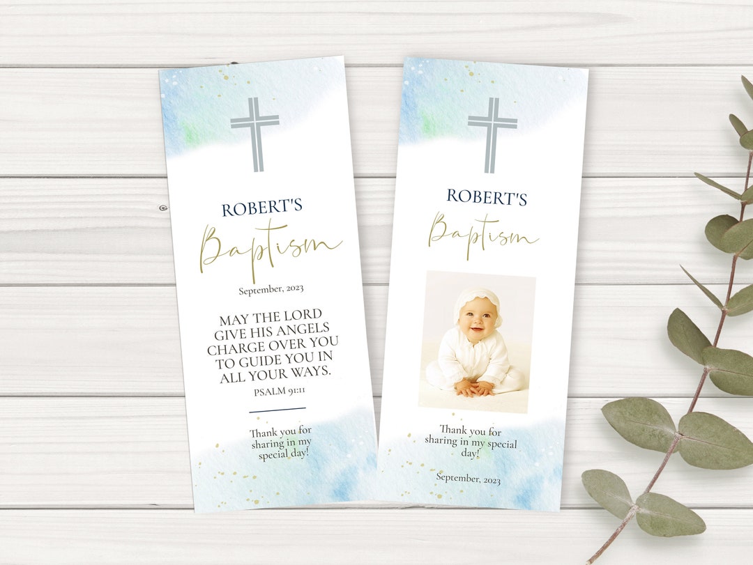 Editable Blue Watercolor Baptism Photo Bookmark, Boy Christening Prayer ...
