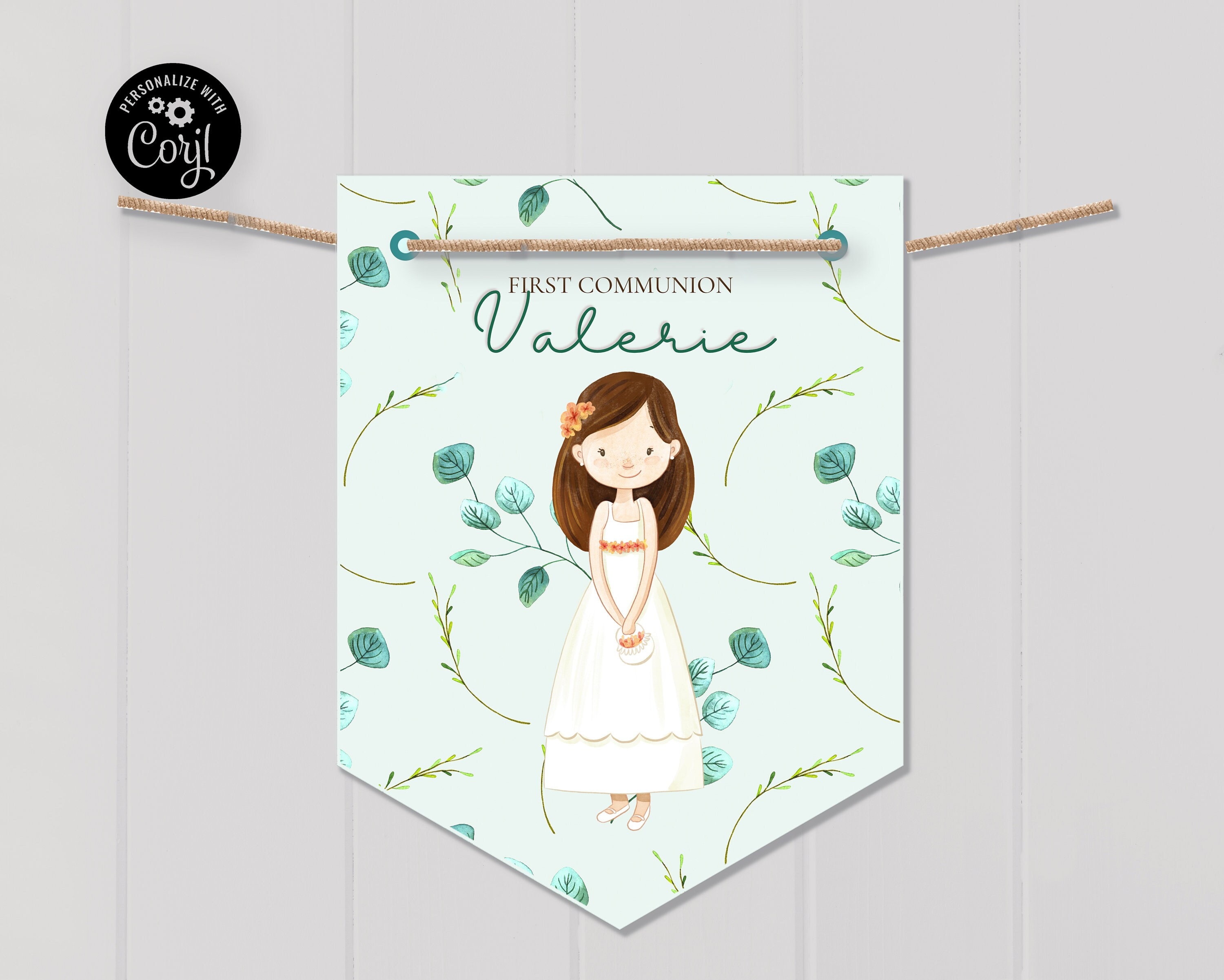Editable First Communion Flag With Little Girl, Custom Pennant Girls ...