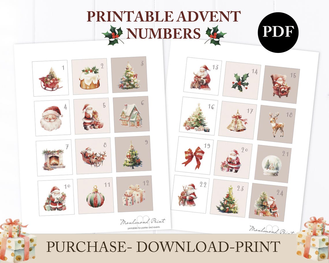 Printable Advent Calendar Numbers, Christmas DIY Calendar Numbers ...